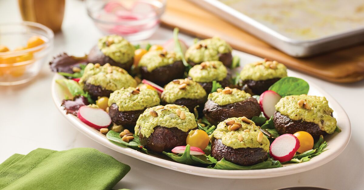 Mushroom Appetizers with Laura Chenel’s Chef’s Chèvre and Pesto – Anolon
